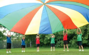 palos sports - heavy duty standard parachute 12' with 12 handles, kids parachute for cooperative play - comes with carrying bag | multi-colored