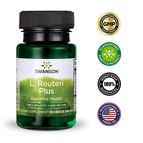 Swanson L. Reuteri Probiotic Plus w/L. Rhamnosus L. Acidophilus & FOS Prebiotic Digestive Support - Promotes Gut Health w/ 7 Billion CFU per Capsule - (30 Veggie Capsules)