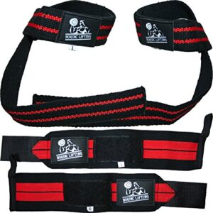 wrist wraps + lifting straps bundle (2 pairs) for weightlifting, cross training, workout, gym, powerlifting, bodybuilding-support for women & men,avoid injury during weight lifting-red