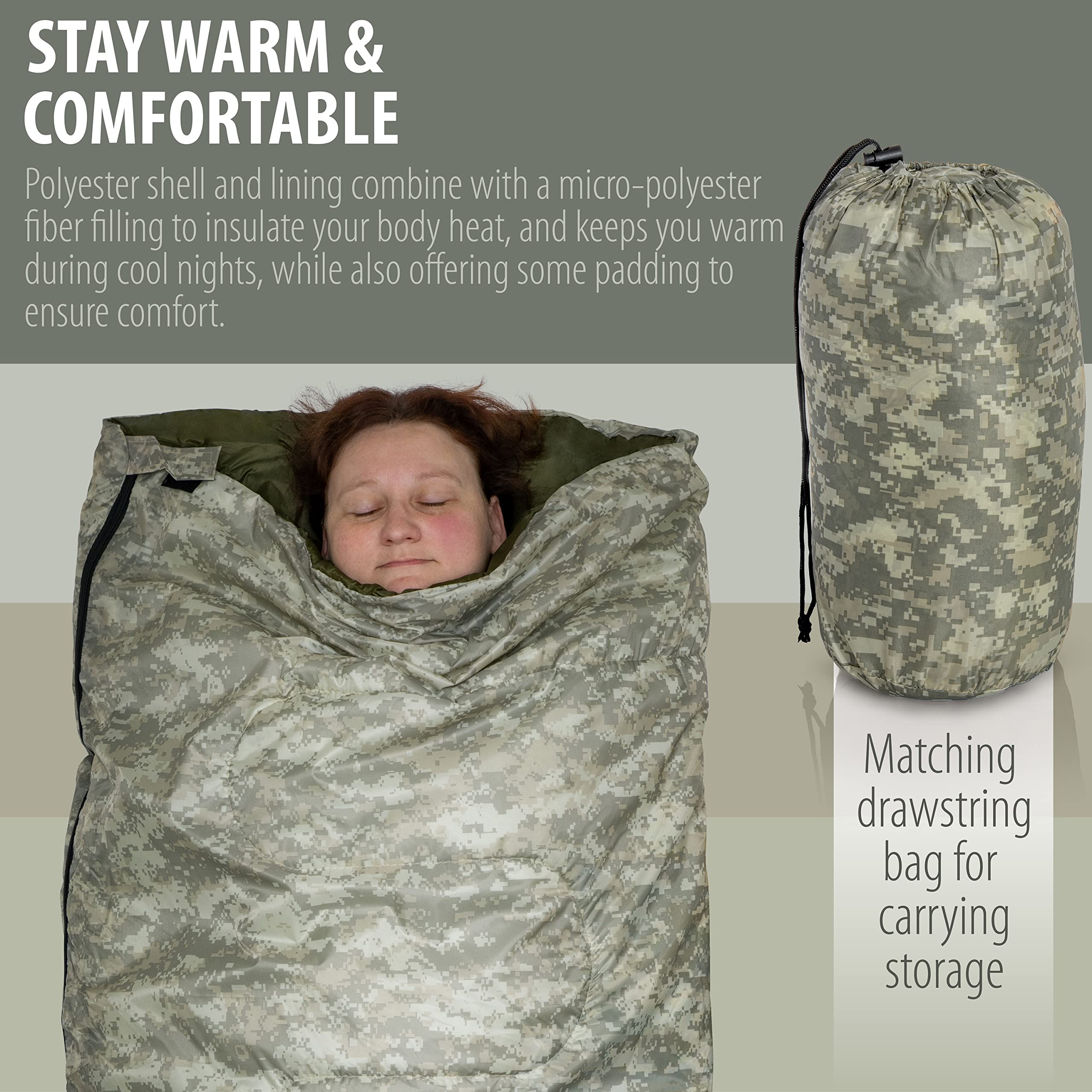 Maxam Sleeping Bag - 28x73 Lightweight Sleep Sack with Light Compression - Waterproof Camping Gear for Backpacking, Hiking, Travel, Outdoors - Soft Sleeping Bags for Adults, Drawstring Pack - Camo