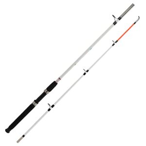 berkley 8’ big game spinning rod, two piece surf rod, 12-30lb line rating, medium heavy rod power, moderate fast action, 1-4 oz. lure rating