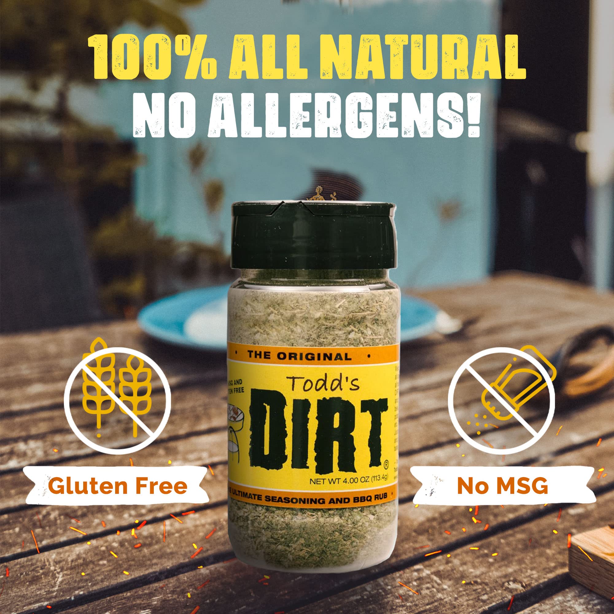 Todd’s DIRT - Original DIRT Medium 4.0 oz Bottle, All Purpose Seasoning & BBQ Rub, Gourmet Mild Savory Seasoning/Rub that’s GREAT ON EVERYTHING, 100% All Natural With No MSG & Gluten-Free