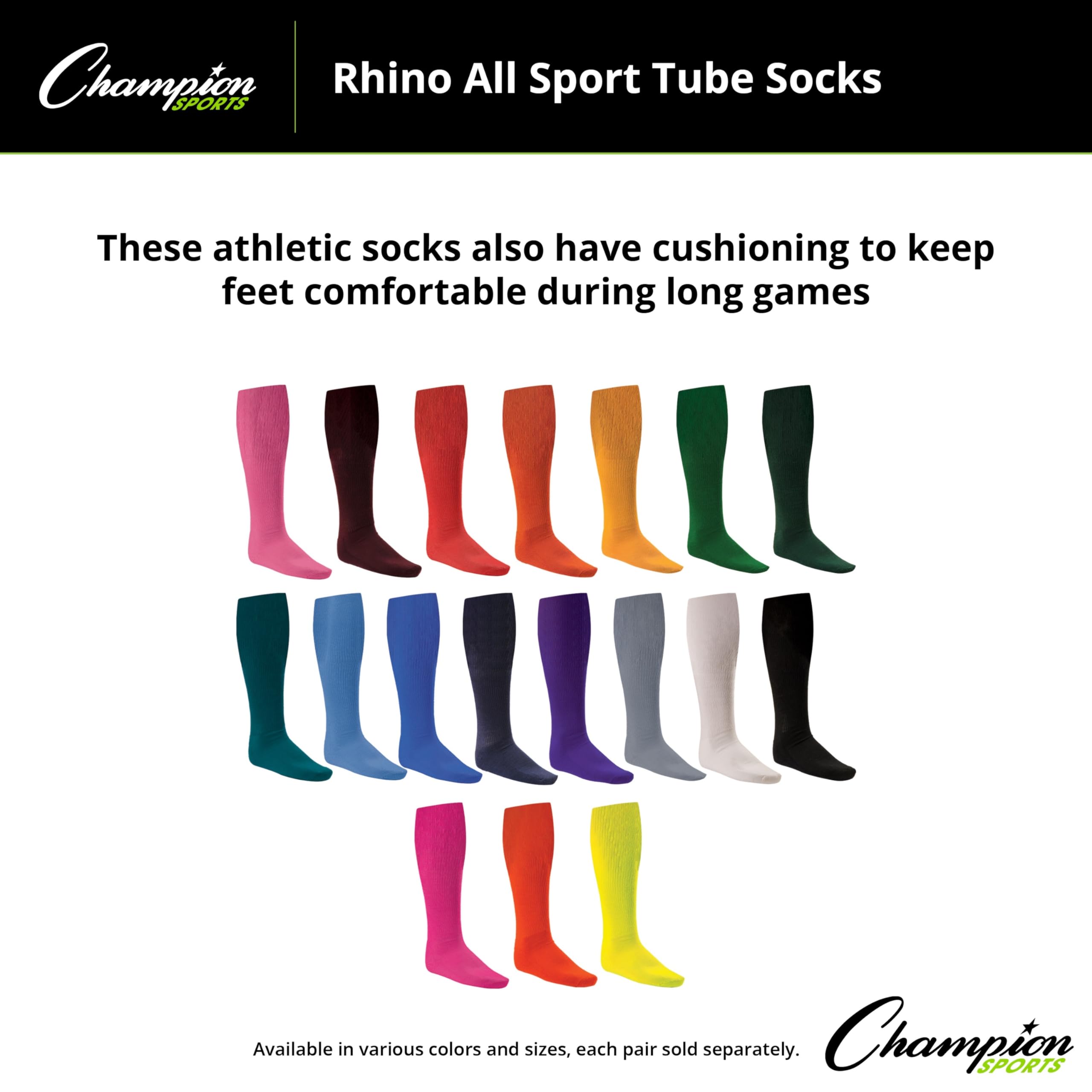 Champion Sports Rhino® All Sport Socks - Machine Washable Sport Sock - for Baseball, Football, Soccer - Cushioned Tube Sock - Stay-in-Place Fit - Size L/10-13 - Kelly Green