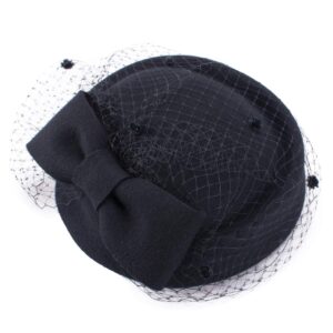 lawliet womens dress fascinator wool felt pillbox hat party wedding bow veil a080 (black)