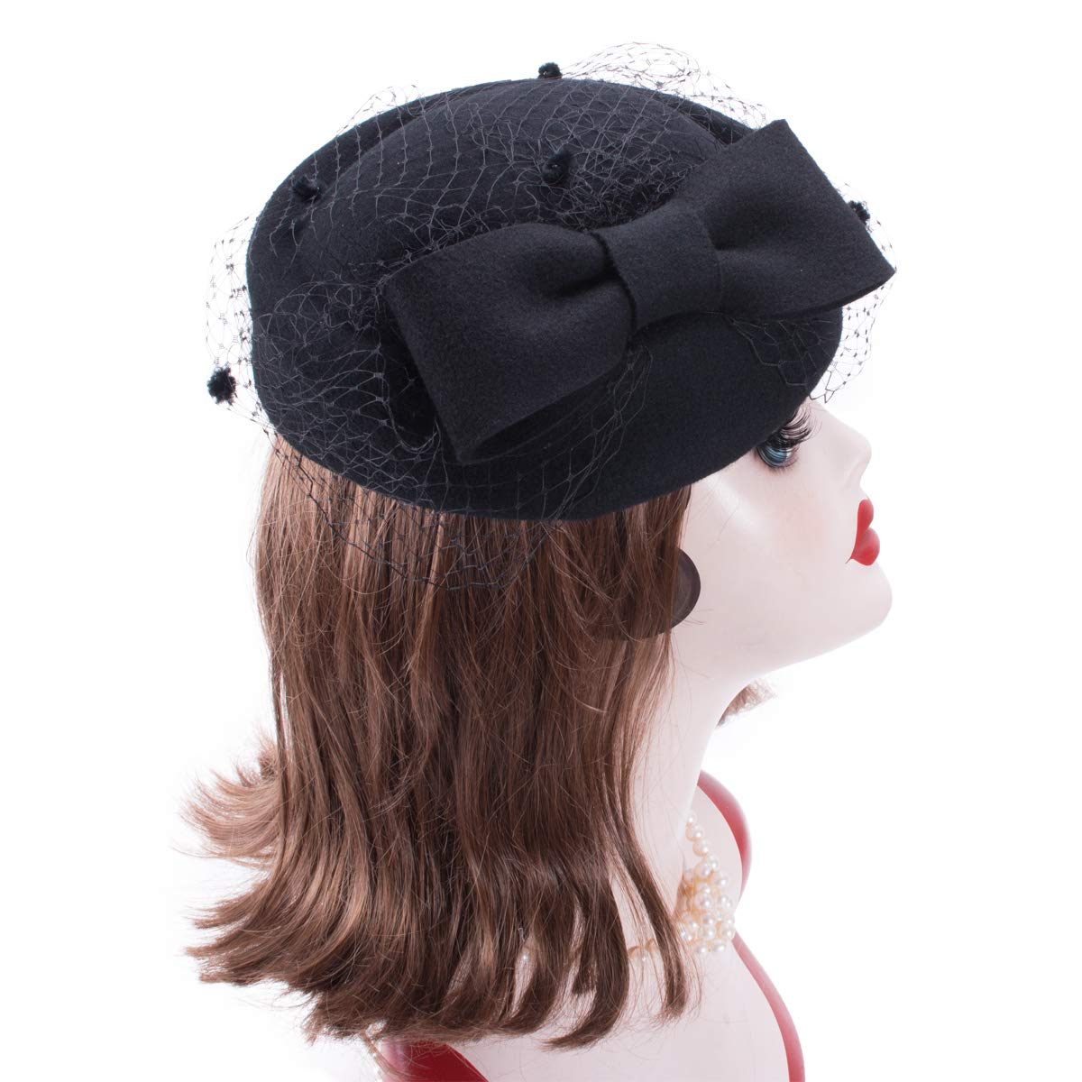 Lawliet Womens Dress Fascinator Wool Felt Pillbox Hat Party Wedding Bow Veil A080 (Black)