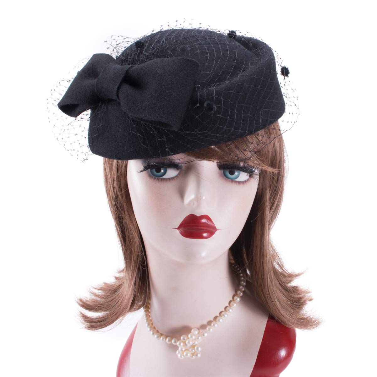 Lawliet Womens Dress Fascinator Wool Felt Pillbox Hat Party Wedding Bow Veil A080 (Black)