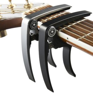 guitar capo (2 pack) for guitars, ukulele, banjo, mandolin, bass - made of ultra lightweight aluminum metal (1.2 oz!) for 6 & 12 string instruments - nordic essentials, black+silver