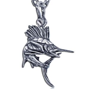 nautora sailfish, sportfish necklace- leaping sailfish pendant crafted in sterling silver on a sturdy 22" necklace chain