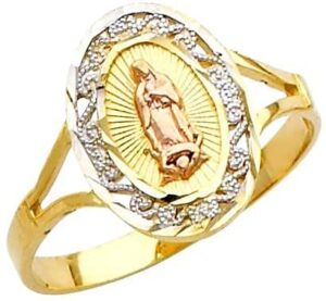 10k yellow, white, and rose gold tri-color our lady of guadalupe immaculate conception catholic oval statement ring - size 13