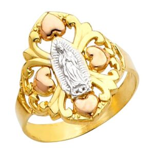 saint collection filigree-style 14k tri-color gold four leaf clover hearts our lady of guadalupe ring (size 8)