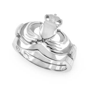 Solid 925 Sterling Silver Two-Piece Claddagh Engagement and Wedding Ring Set (Size 9)