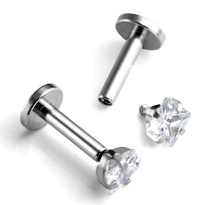 PiercingJ 2-4pcs 16g 316L Stainless Steel 3mm Cubic Zirconia Labret Monroe Lip Ring/Tragus/Helix Earring,6-12mm Bar Length (3mm zirconia square/ 6mm bar)