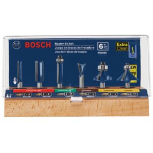 bosch rbs006 6-piece 1/4 in. shank carbide-tipped multi-purpose router bits assorted set with included storage case for applications in straight, trimming, decorative edging, dovetail joinery