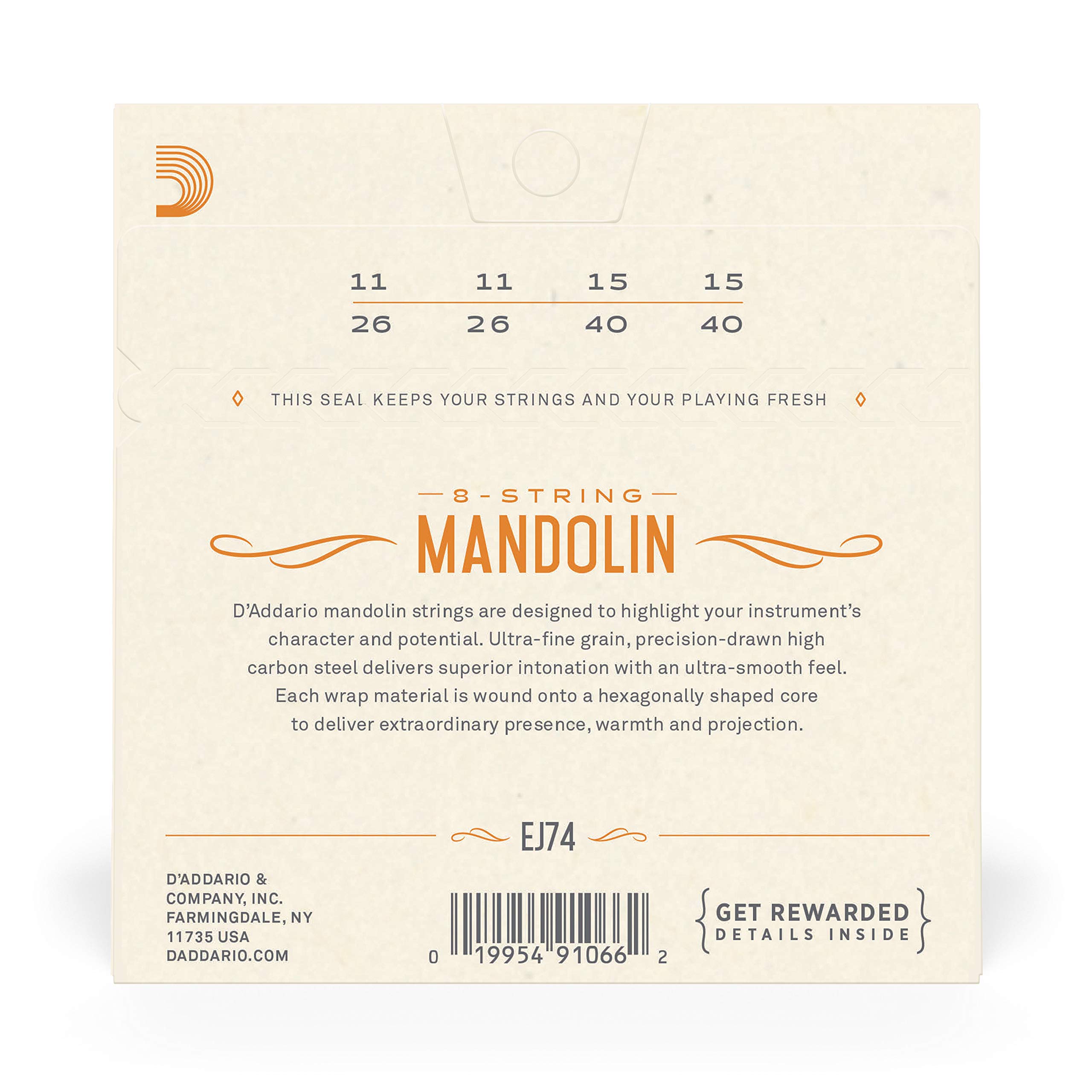 D'Addario Mandolin Strings - Mandolin Strings - Phosphor Bronze - For 8 String Mandolin - Rich, Full Tonal Spectrum - EJ74 - Medium, 11-40