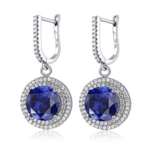 gem stone king 925 sterling silver round blue simulated sapphire drop dangle earrings for women | 9.48 cttw | round 10mm