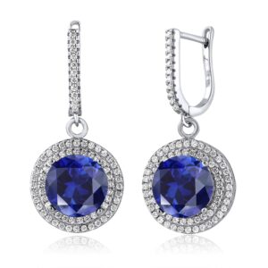 Gem Stone King 925 Sterling Silver Round Blue Simulated Sapphire Drop Dangle Earrings For Women | 9.48 Cttw | Round 10MM