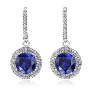 Gem Stone King 925 Sterling Silver Round Blue Simulated Sapphire Drop Dangle Earrings For Women | 9.48 Cttw | Round 10MM