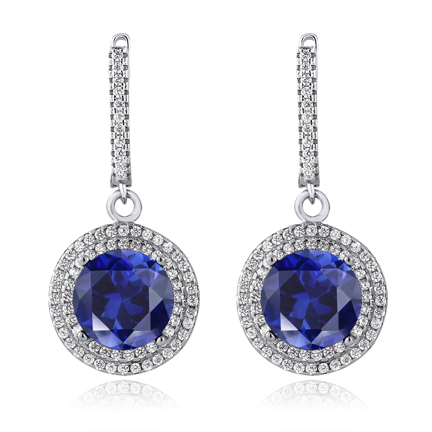 Gem Stone King 925 Sterling Silver Round Blue Simulated Sapphire Drop Dangle Earrings For Women | 9.48 Cttw | Round 10MM