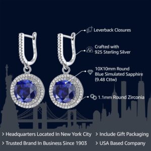 Gem Stone King 925 Sterling Silver Round Blue Simulated Sapphire Drop Dangle Earrings For Women | 9.48 Cttw | Round 10MM