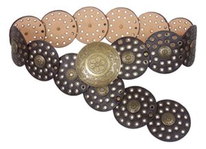 3 1/2" (90 mm) wide ladies wide boho disc concho leather belt, dark brown | s - 39 end-to-end