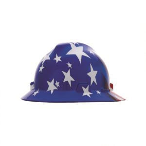 msa 10071157 freedom series v-gard full-brim hard hat with fas-trac iii ratchet suspension, polyethylene shell, self adjusting crown -straps standard size in stars & stripes