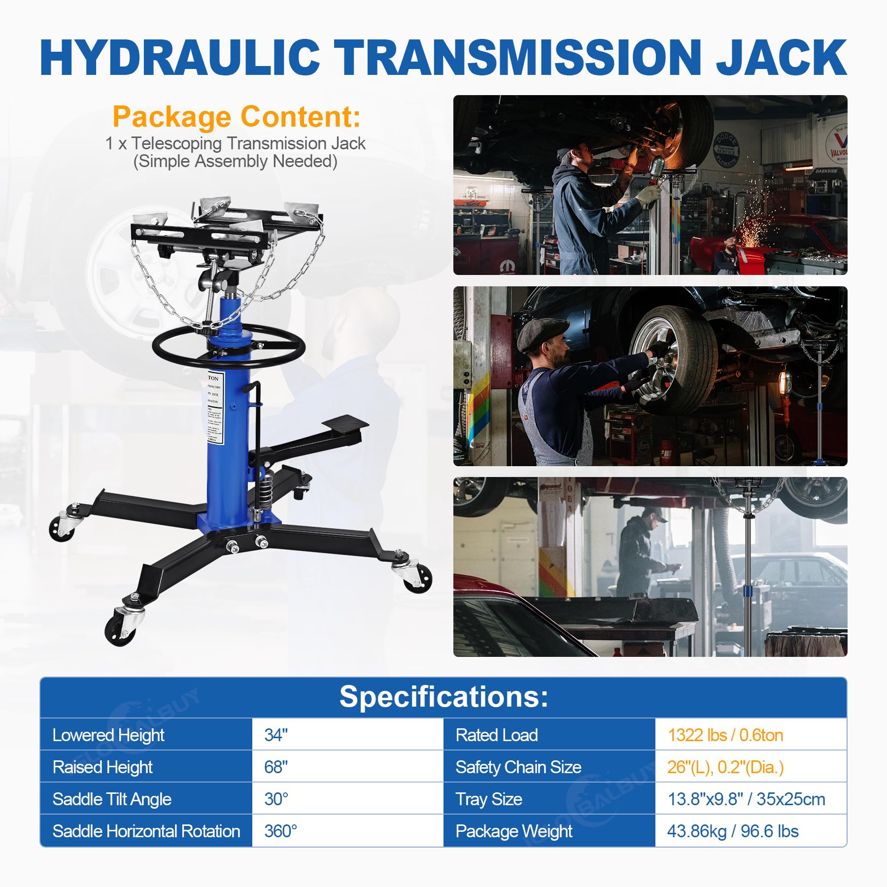 Iglobalbuy Transmission Jack Lift 1322lbs, 2 Stage Adjustable Telescoping Hydraulic Transmission Jack, High Lift Dual Telescopic Trans Jacks Hoist w/Pedal, 34" to 68" Lifting Range