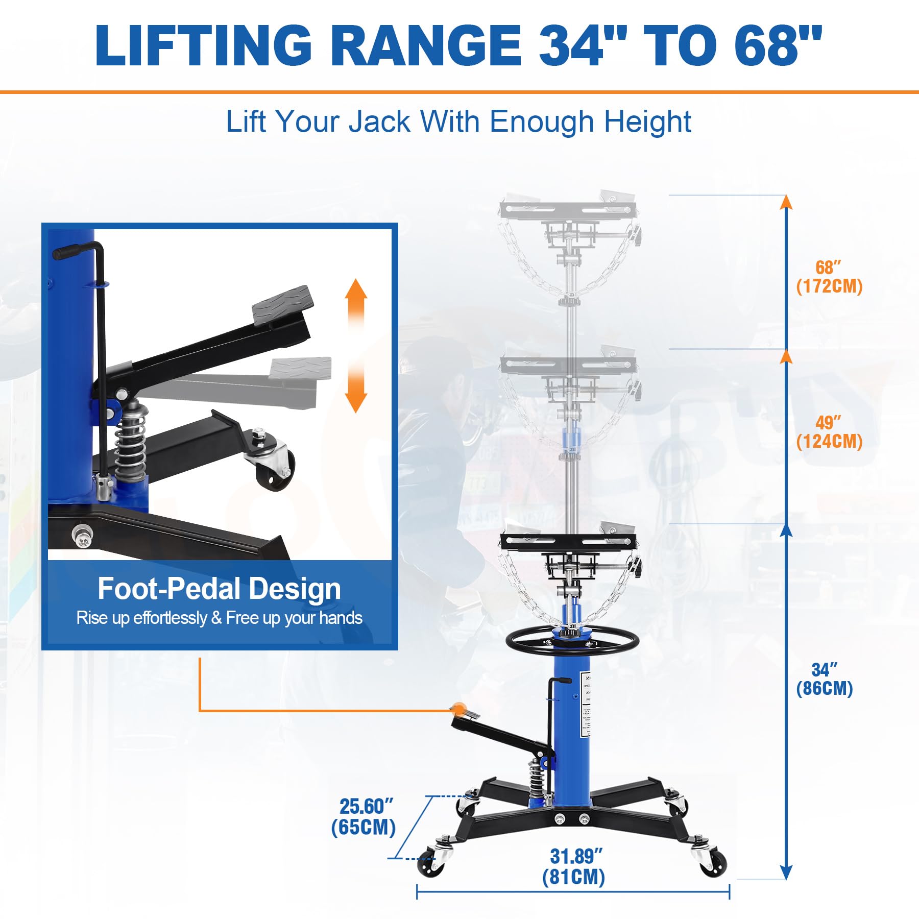 Iglobalbuy Transmission Jack Lift 1322lbs, 2 Stage Adjustable Telescoping Hydraulic Transmission Jack, High Lift Dual Telescopic Trans Jacks Hoist w/Pedal, 34" to 68" Lifting Range