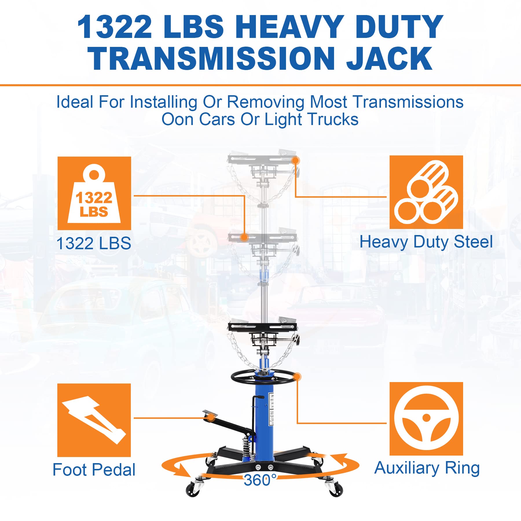 Iglobalbuy Transmission Jack Lift 1322lbs, 2 Stage Adjustable Telescoping Hydraulic Transmission Jack, High Lift Dual Telescopic Trans Jacks Hoist w/Pedal, 34" to 68" Lifting Range