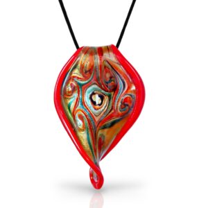 besheek handmade murano inspired blown abstract glass lampwork art pendant necklace for women handcrafted artisan hypoallergenic italian style jewelry (red and gold twist leaf)