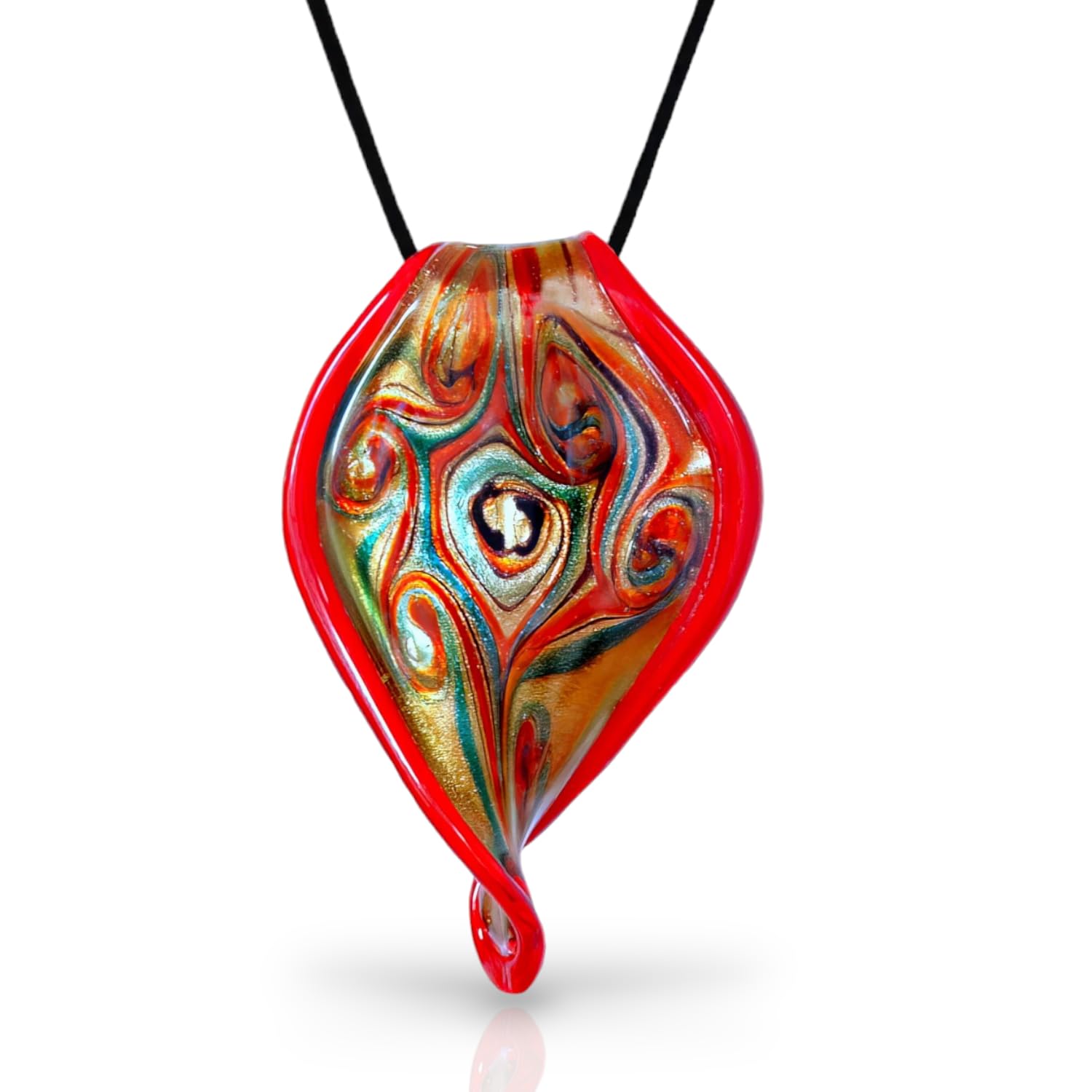 BESHEEK Handmade Murano Inspired Blown Abstract Glass Lampwork Art Pendant Necklace for Women Handcrafted Artisan Hypoallergenic Italian Style Jewelry (Red and Gold Twist Leaf)