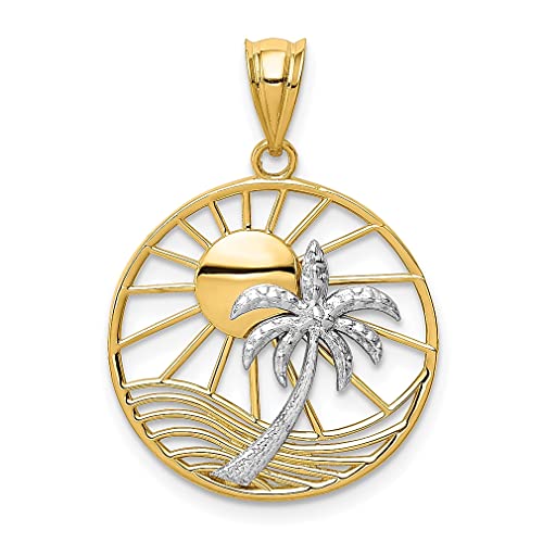 IceCarats 14K Two Tone Gold Sun Palm Tree Necklace Summer Beach Pendant Tropical Charm 26mm x 20mm Only