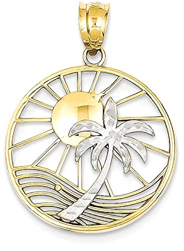 IceCarats 14K Two Tone Gold Sun Palm Tree Necklace Summer Beach Pendant Tropical Charm 26mm x 20mm Only