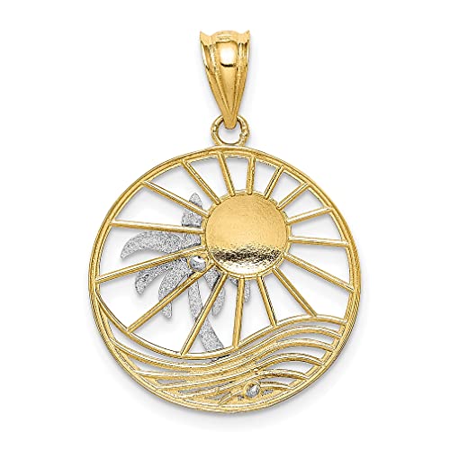 IceCarats 14K Two Tone Gold Sun Palm Tree Necklace Summer Beach Pendant Tropical Charm 26mm x 20mm Only