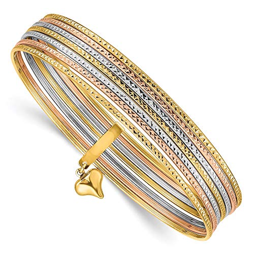 IceCarats 14K Dangling Heart Love Tri Color Gold Set of 7 Slip On Bangle Bracelet