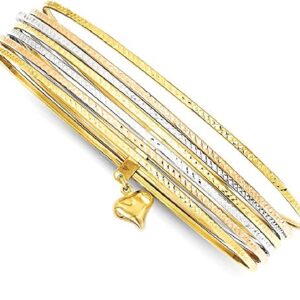 IceCarats 14K Dangling Heart Love Tri Color Gold Set of 7 Slip On Bangle Bracelet