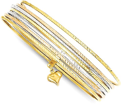 IceCarats 14K Dangling Heart Love Tri Color Gold Set of 7 Slip On Bangle Bracelet