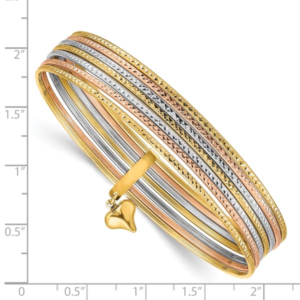 IceCarats 14K Dangling Heart Love Tri Color Gold Set of 7 Slip On Bangle Bracelet