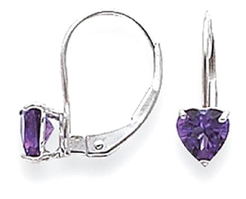 14K White Gold 5mm Heart Love Purple Amethyst Drop Dangle Earrings Gemstone February Birthstone Jewelry