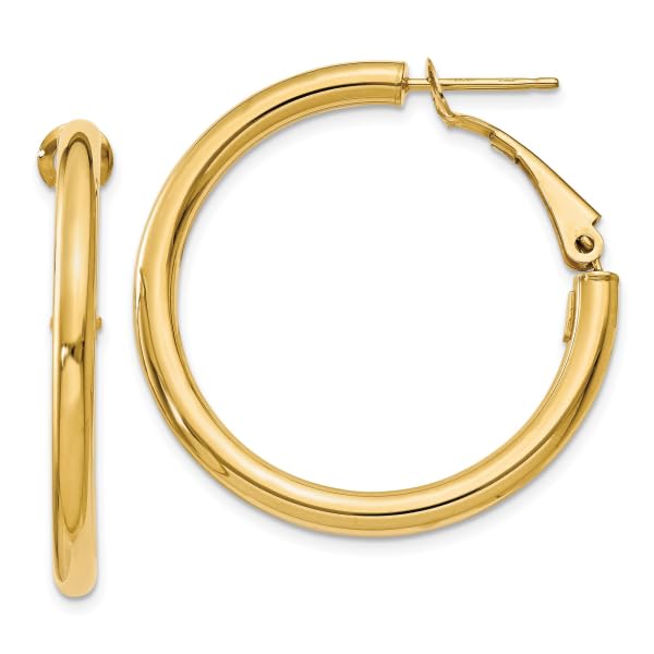 14K Yellow Gold 3x25mm Round Omega Clip Back Post Hoop Earrings