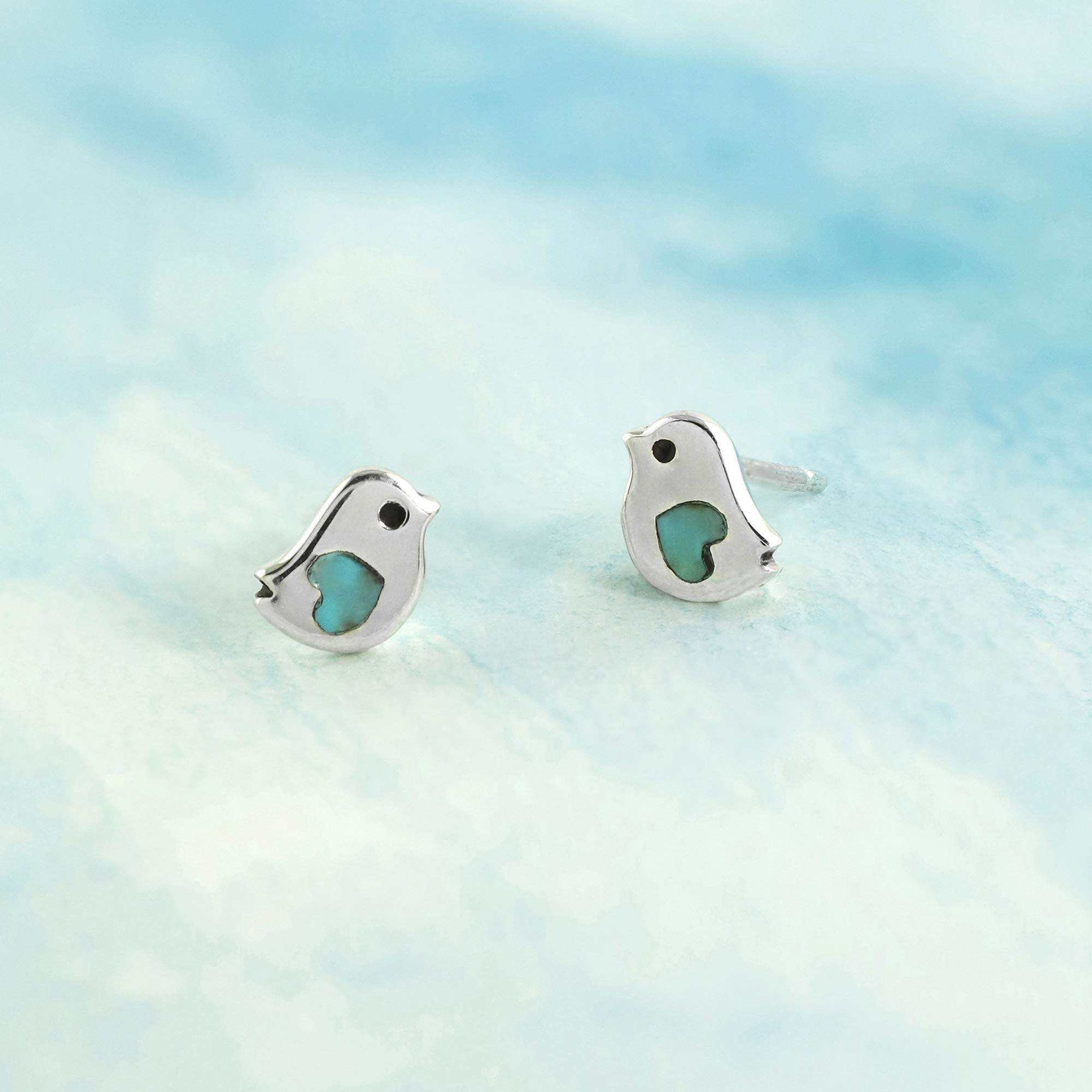 Boma Jewelry Sterling Silver Little Bird Turquoise Heart Stud Earrings