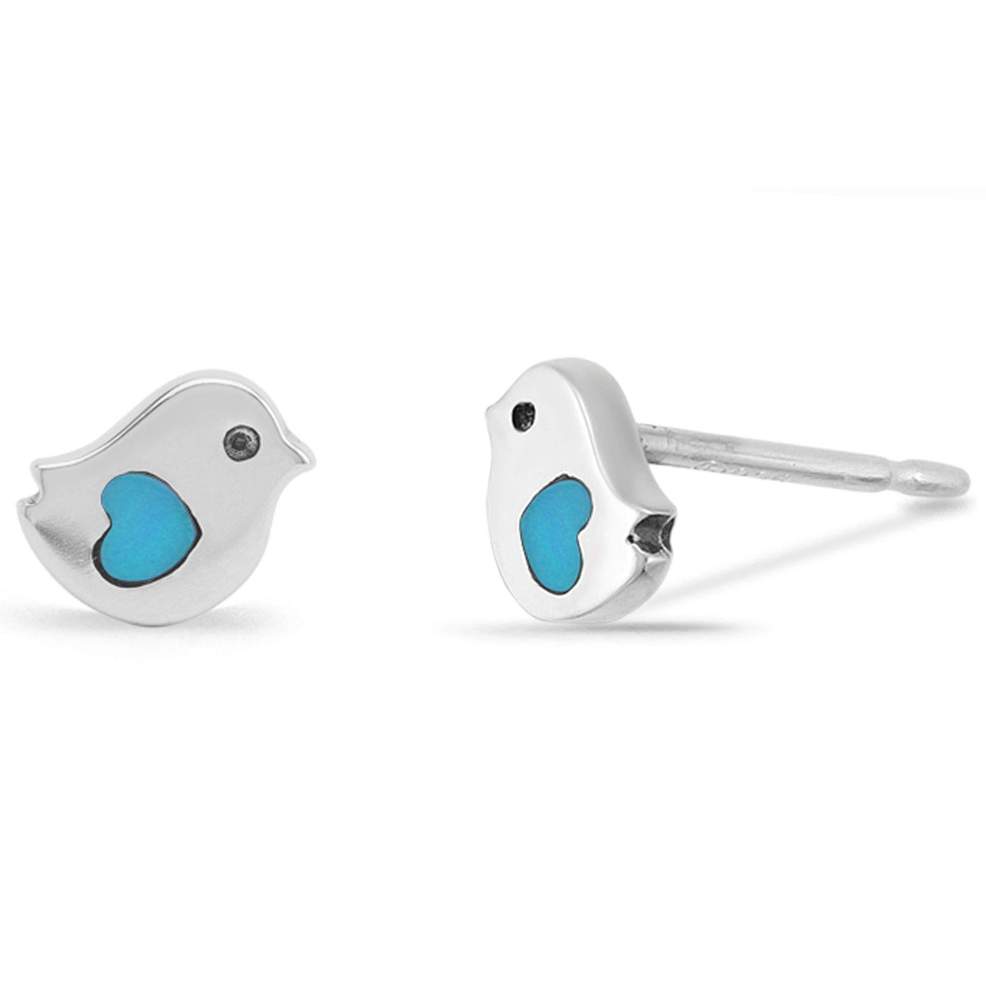 Boma Jewelry Sterling Silver Little Bird Turquoise Heart Stud Earrings