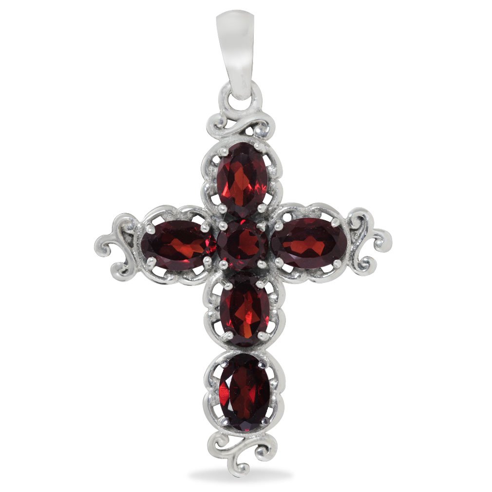 Silvershake 3.31ct. Natural Garnet White Gold Plated 925 Sterling Silver Victorian Cross Pendant