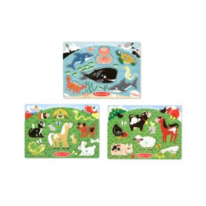 melissa & doug animals wooden peg puzzles set - farm, pets, and ocean - animal puzzles, peg puzzles for toddlers ages 2+