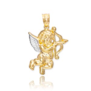 trendy necklaces fine 14k two-tone white and yellow gold bow and arrow angel love cupid charm pendant