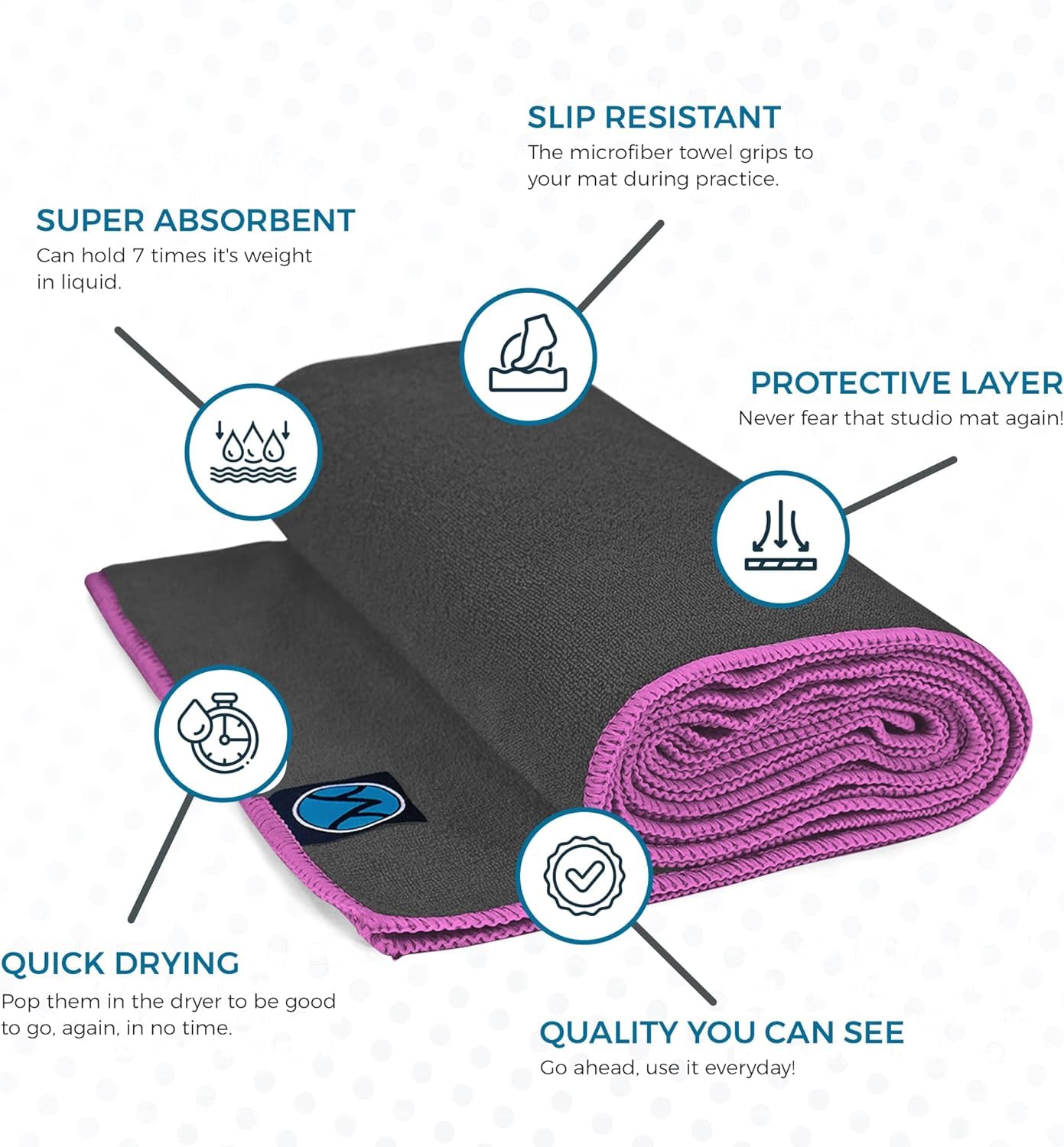 Youphoria Yoga Microfiber Towel Non-Slip Yoga Mat Towel - Hot Yoga Towel for Sweat & Grip... (Gray Towel/Pink Stitching)