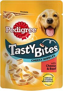 pedigree tasty bites dog treats cheesy nibbles with cheese & beef 140g