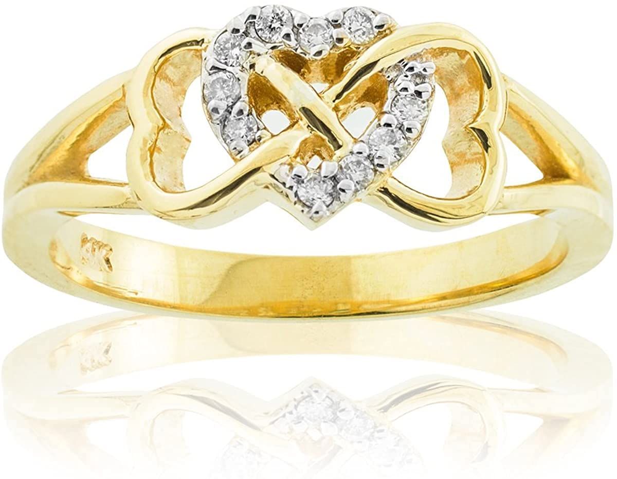 10K Yellow Gold 1/15 Cttw Diamond Accented Triple Heart Infinity Celtic Knot Band Engagement Ring (J-K Color, I1-I2 Clarity) - Size 4