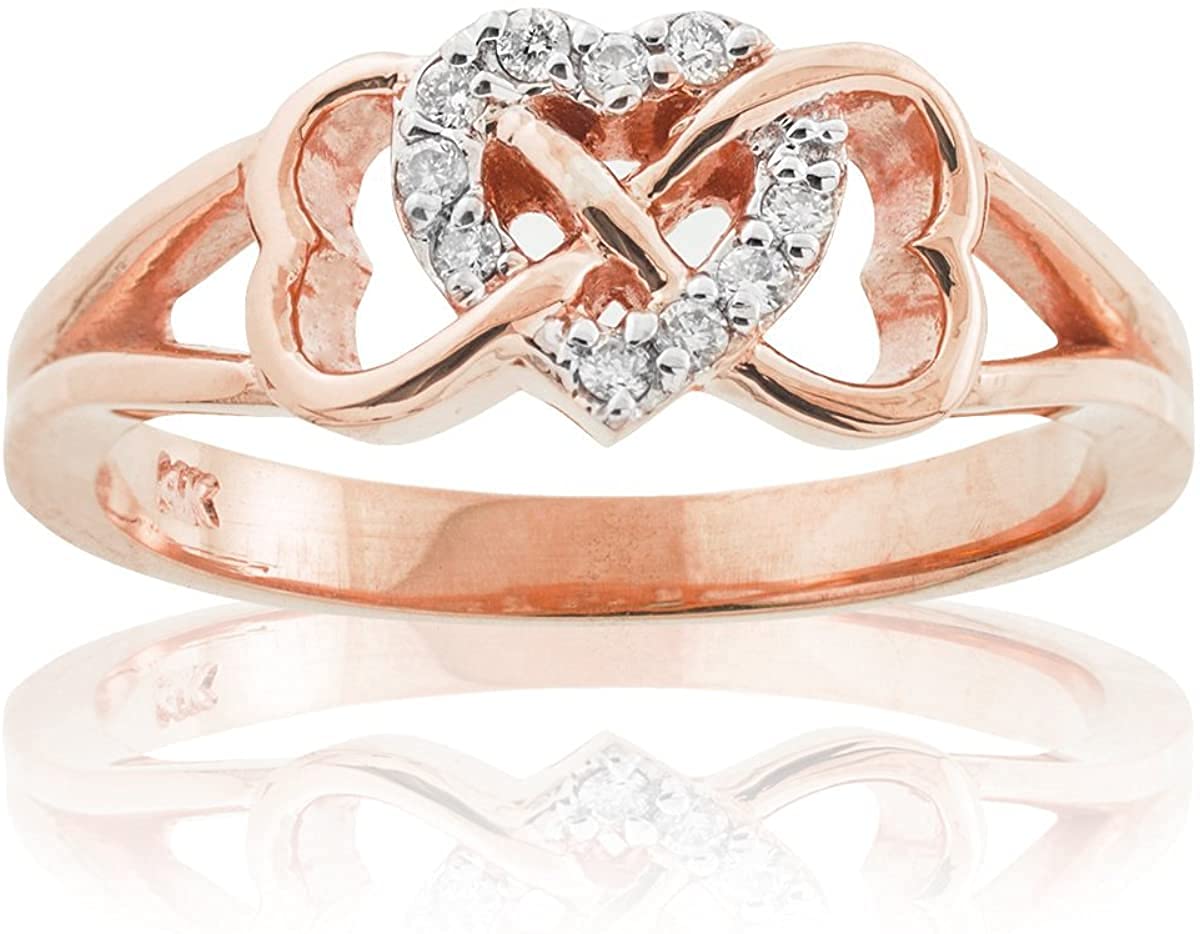 10K Rose Gold 1/15 Cttw Diamond Accented Triple Heart Infinity Celtic Knot Band Engagement Ring (J-K Color, I1-I2 Clarity) - Size 7