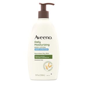 aveeno sheer hydration daily moisturizing fragrance-free lotion with nourishing prebiotic oat, fast-absorbing body moisturizer for dry skin with lightweight, breathable feel, 18 fl. oz