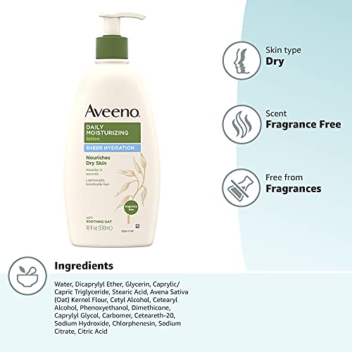 Aveeno Sheer Hydration Daily Moisturizing Fragrance-Free Lotion with Nourishing Prebiotic Oat, Fast-Absorbing Body Moisturizer for Dry Skin with Lightweight, Breathable Feel, 18 fl. oz